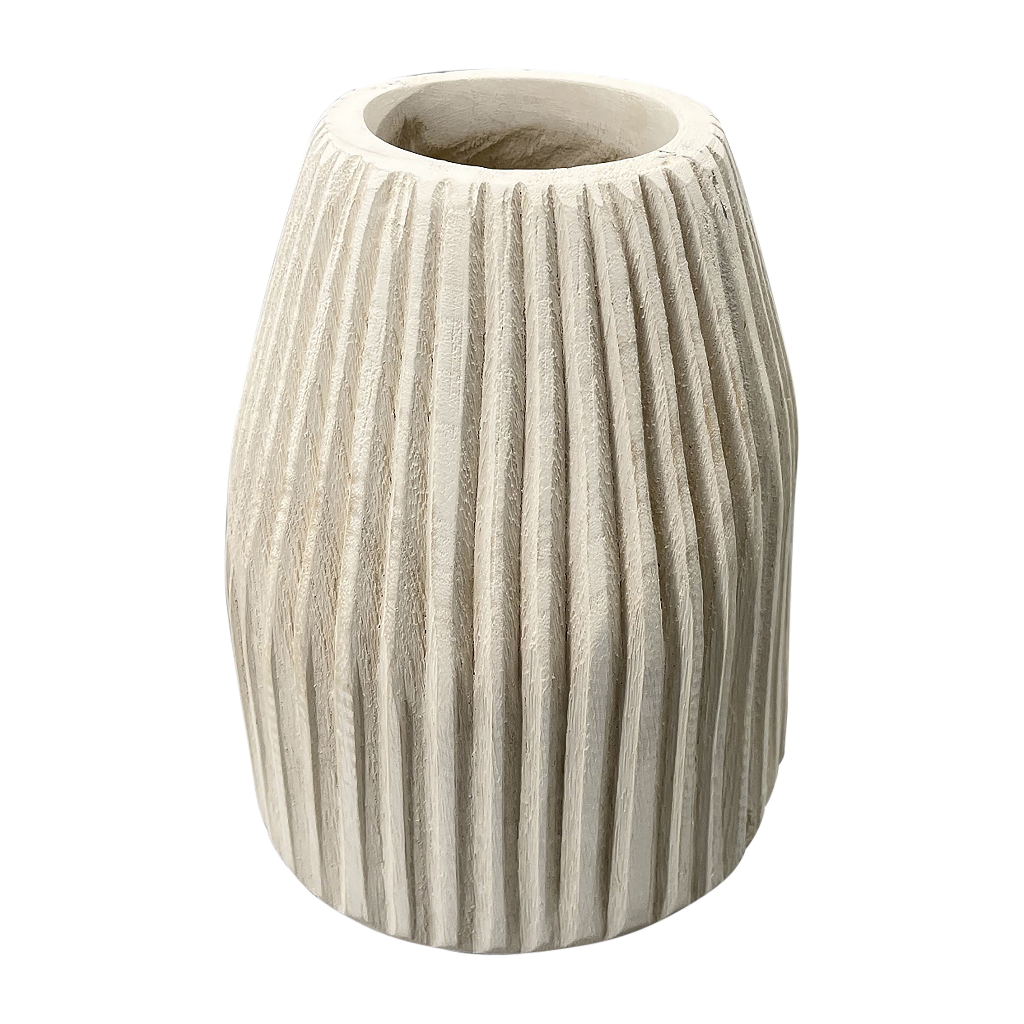 Dakota Fields Vase Wood Grooved Carved Texture 8.5" White Decorative Accent for Home Office ...